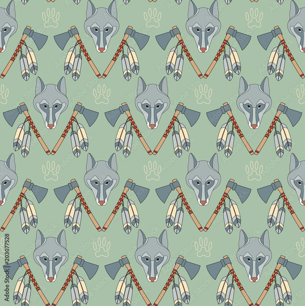 seamless Native American pattern with wolves and axes Stock Vector ...