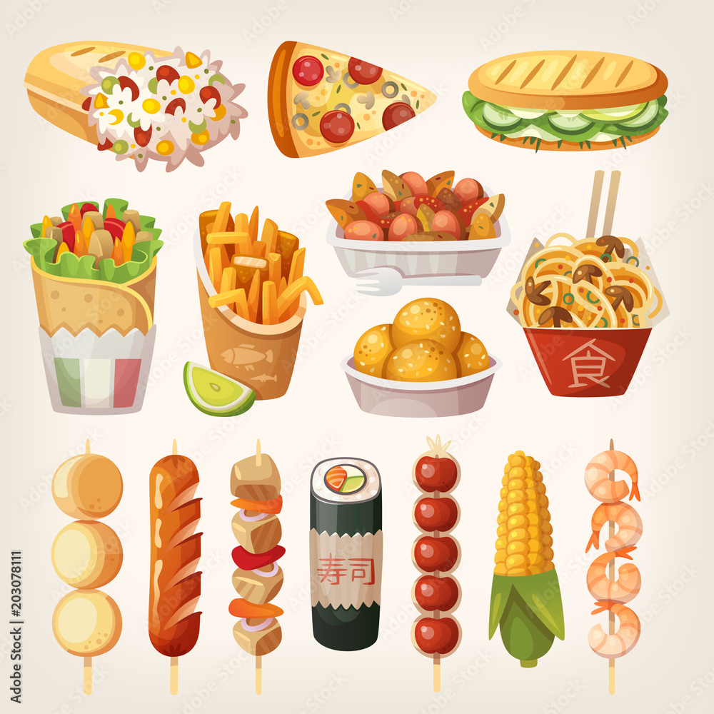 Set of colorful takeaway food that is sold at street in different ...