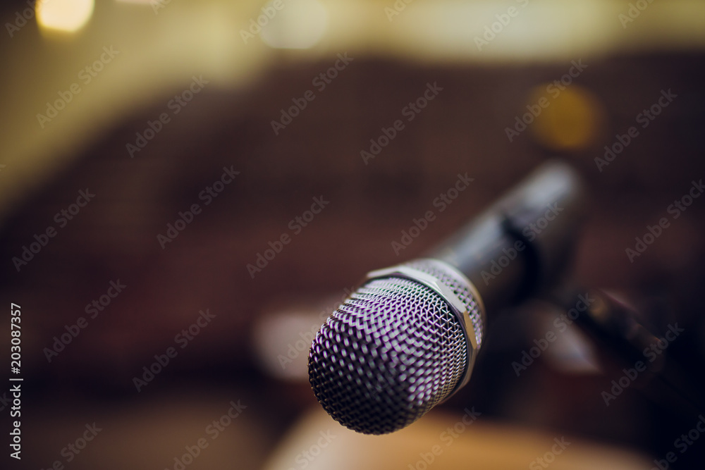 microphone on stand up comedy stage with reflectors ray, high contrast ...