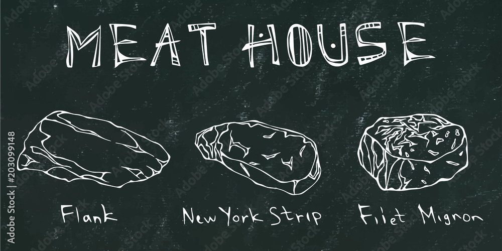 Black Chalk Board Background. Most Popular Steak Types Set. Beef Cuts ...