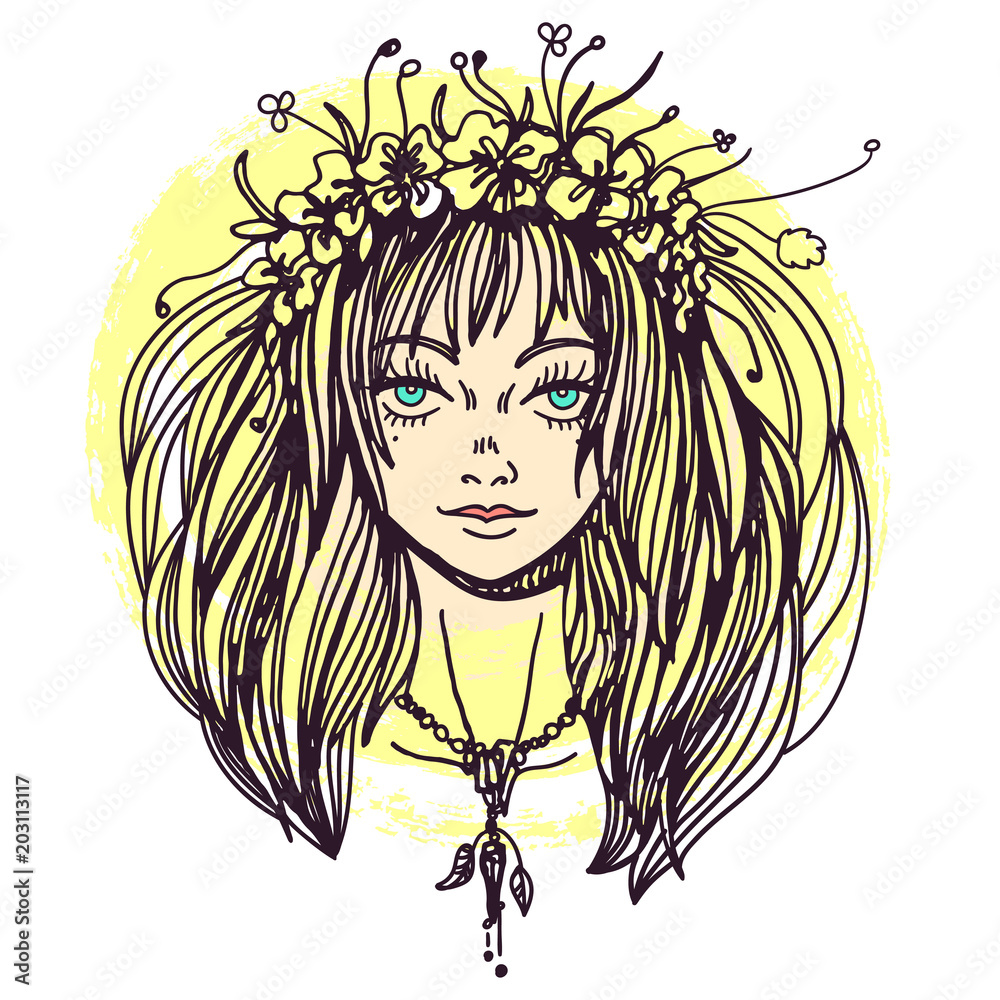 Illustration of a young woman in flower crown wearing amulet for wicca ...