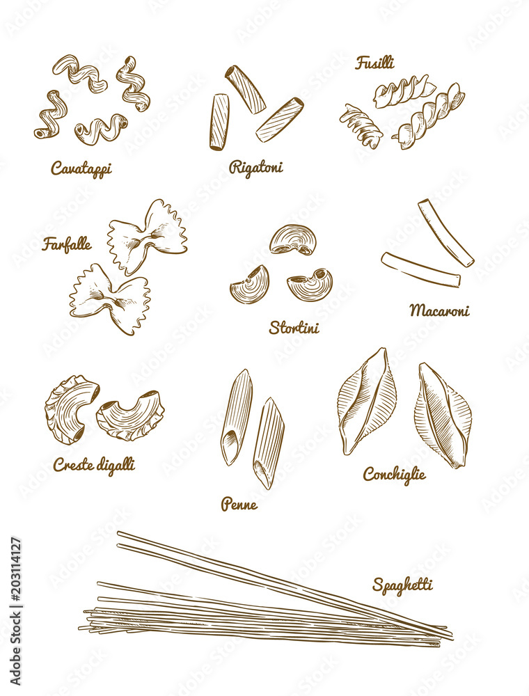 Pasta set. type of pasta hand draw sketch vector. vector de Stock ...