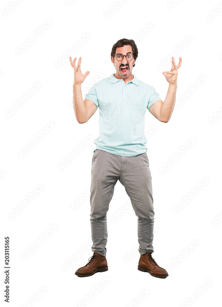 young crazy man angry expression.full body cutout person against Stock ...