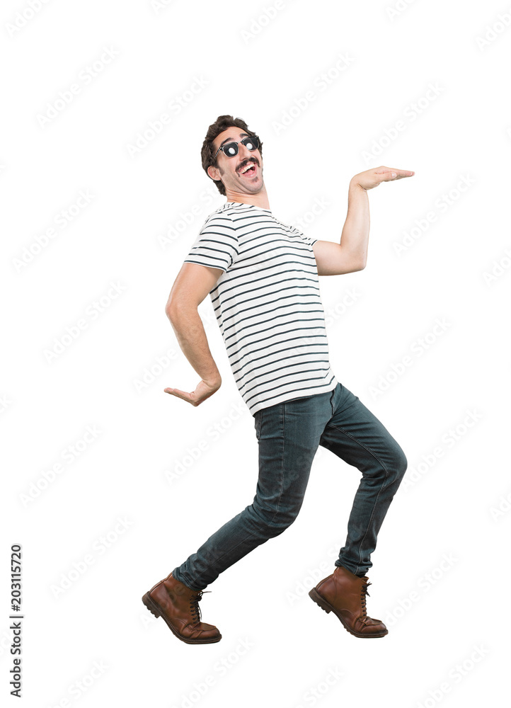 young crazy man dancing.full body cutout person against white ba Stock ...