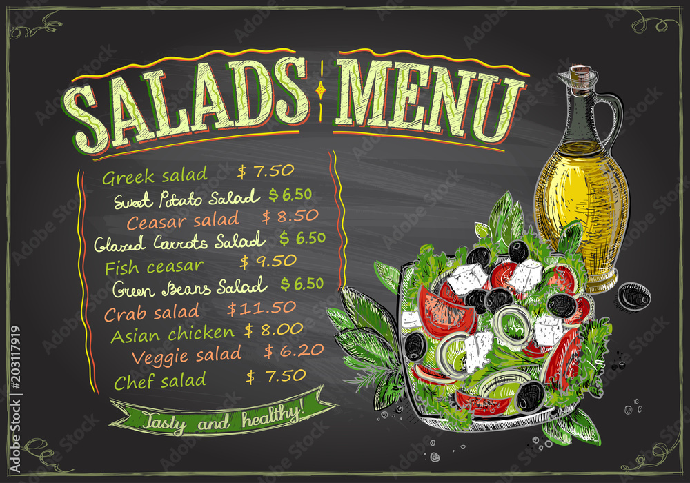 Salads menu chalkboard design, hand drawn illustration with greek salad ...