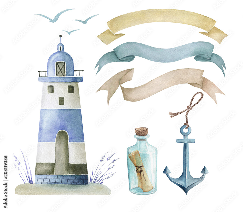 set of watercolor drawings in a marine style on a white background ...