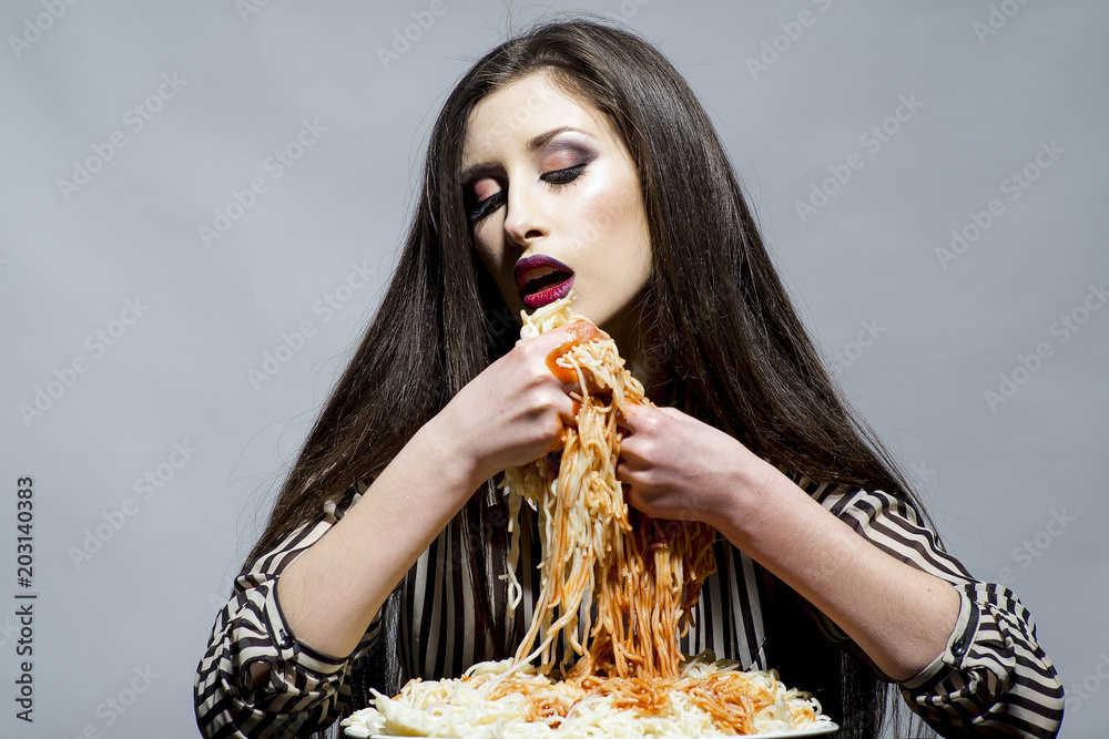 Sexy Woman Eat Spaghetti With Hands Woman Eat Pasta Dish With Tomato