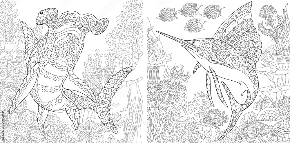 Zentangle underwater collection. Hammerhead shark, sailfish and shoal ...