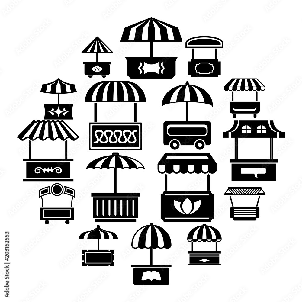 Street food kiosk icons set. Simple illustration of 16 street food ...