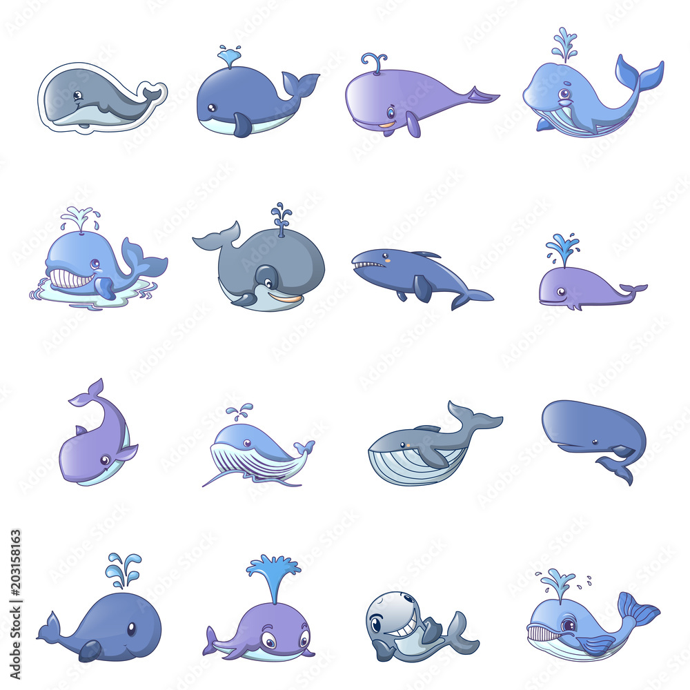 Whale blue tale fish icons set. Cartoon illustration of 16 whale blue ...