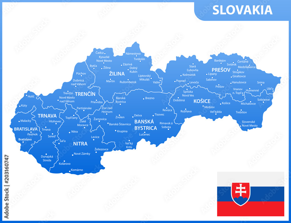 The detailed map of Slovakia with regions or states and cities ...