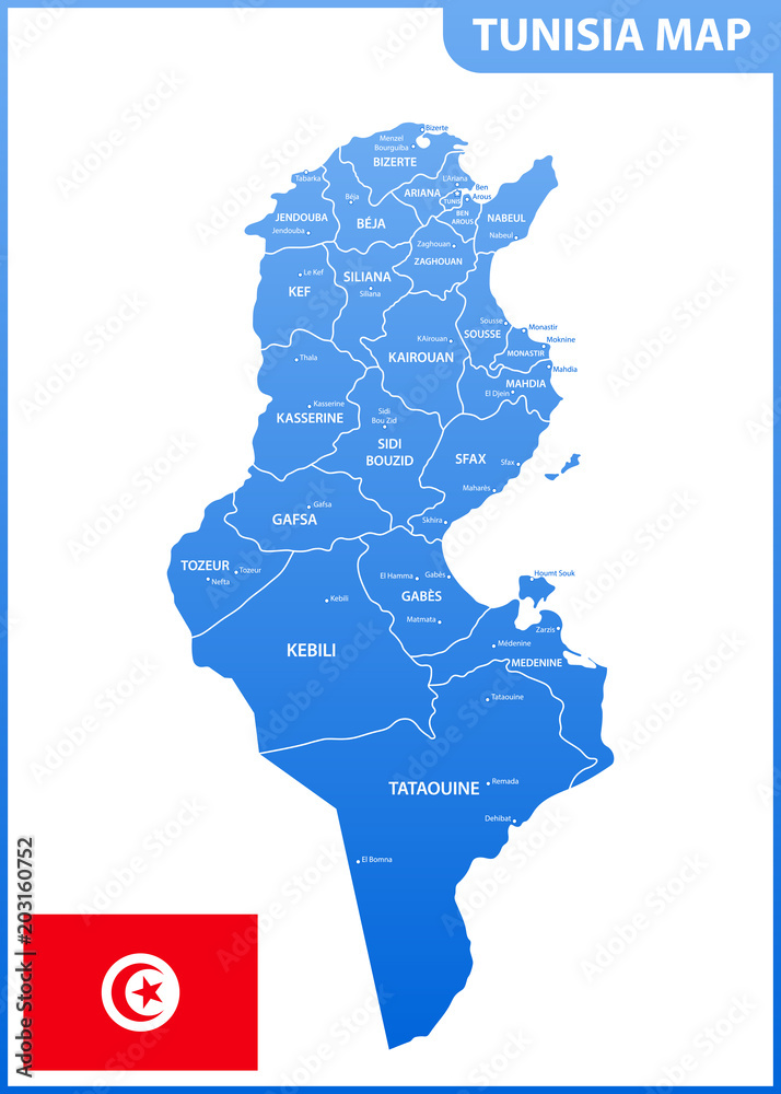 The detailed map of the Tunisia with regions or states and cities ...