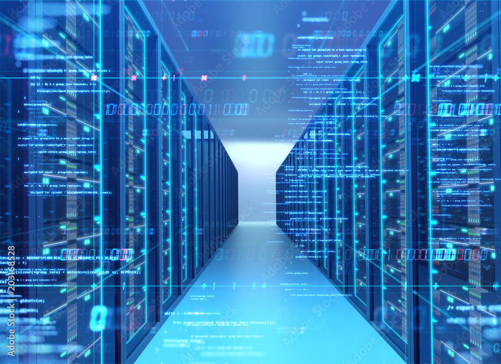 Corridor of server room with server racks in datacenter. 3d ...