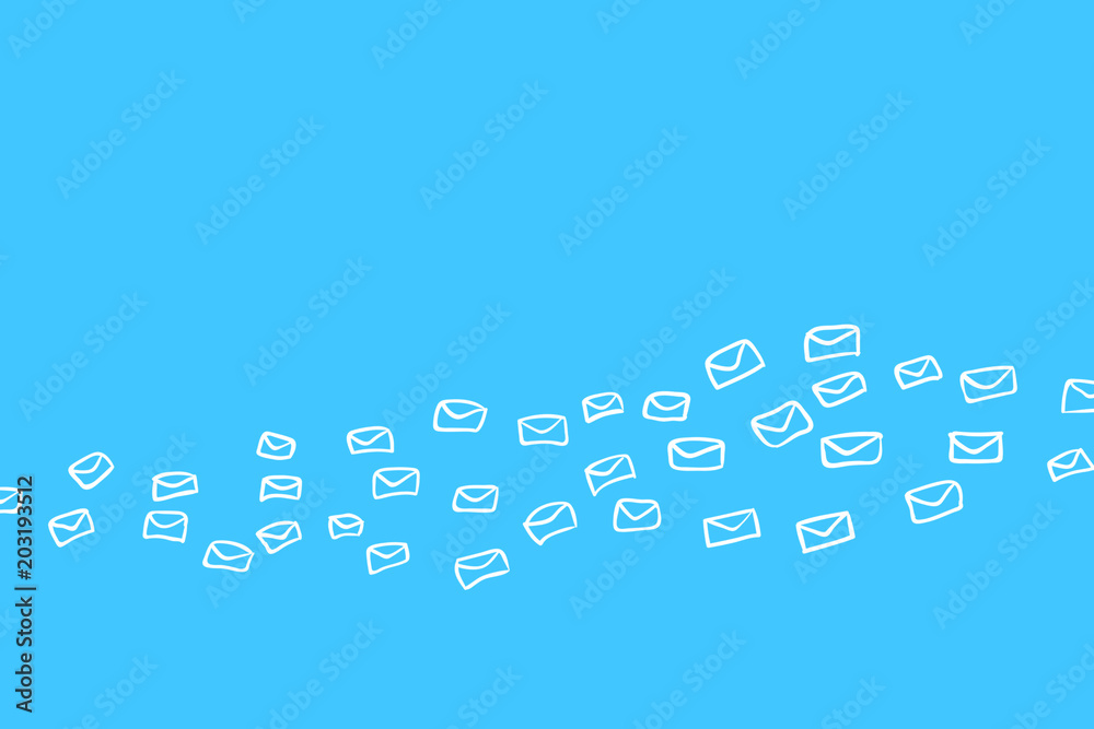 Icons of White Flying Envelopes in hand-drawing style on a blue ...