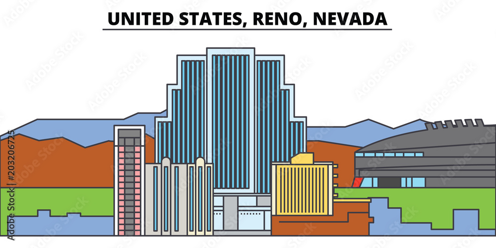 United States, Reno, Nevada. City skyline, architecture, buildings ...