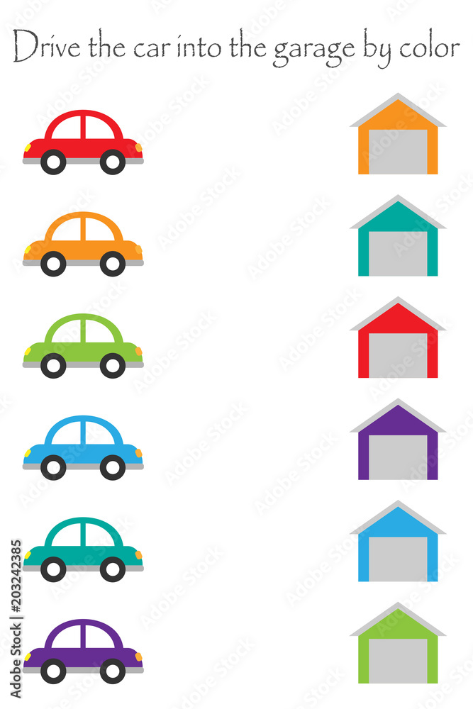 Drive colorful cars in cartoon style into garages by color for children ...