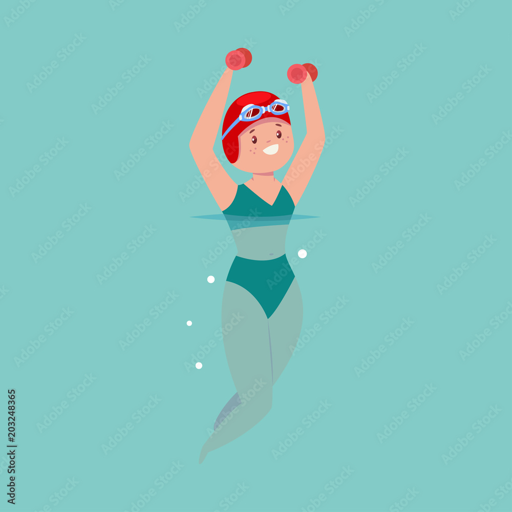 Aqua aerobics in pool. Young woman in swimming goggles and a rubber hat ...