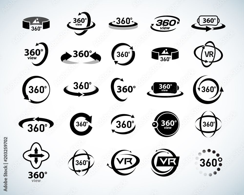 360 Degrees View Vector Icons set. Virtual reality icons. Isolated ...