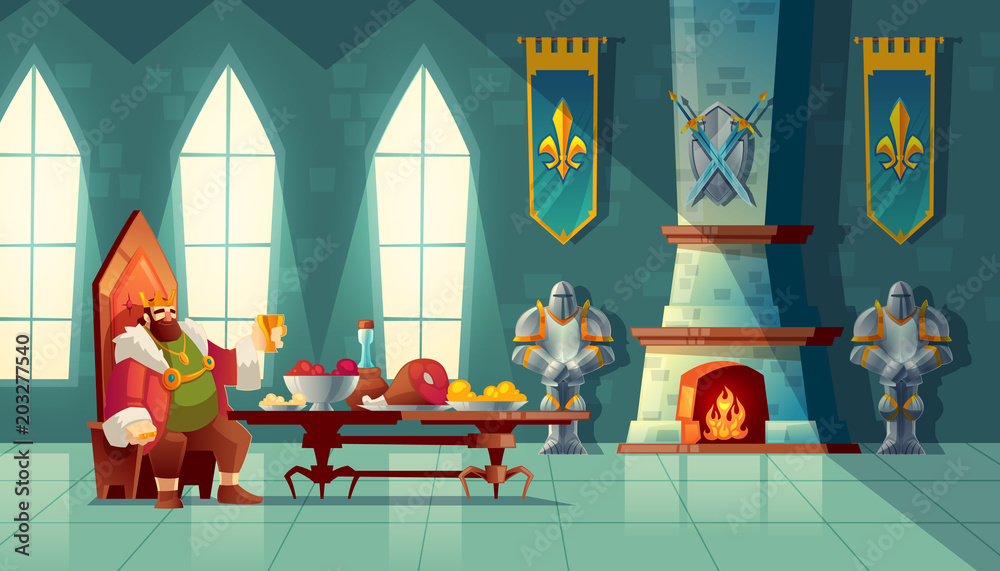 Vector castle hall with king eats lunch. Feast table with food, banquet ...