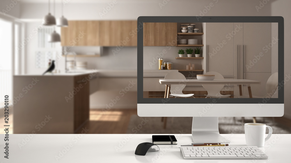 Architect house project concept, desktop computer on white work desk ...