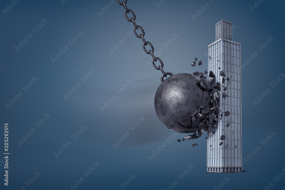 3d rendering of giant iron wrecking ball breaks in pieces when it hits ...
