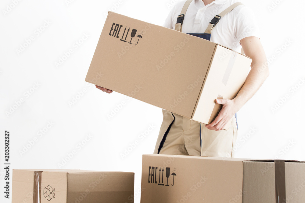 relocation services concept. Mover holding cardboard box isolated on ...