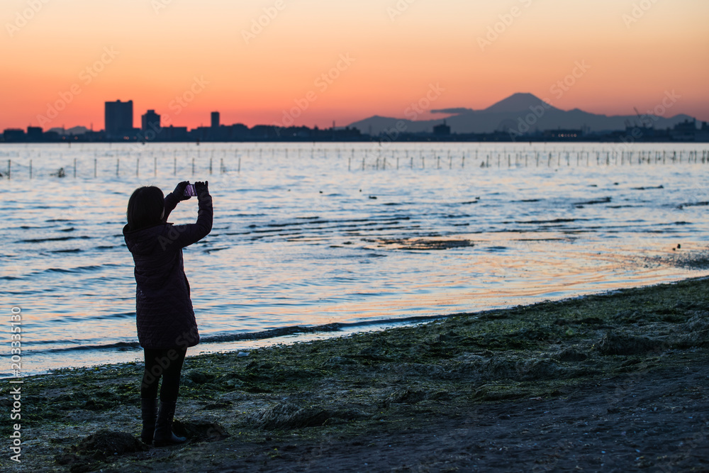 Nice view of Tokyo sunset , Tokyo bay at Funabashi area and Mt. Fuji in ...