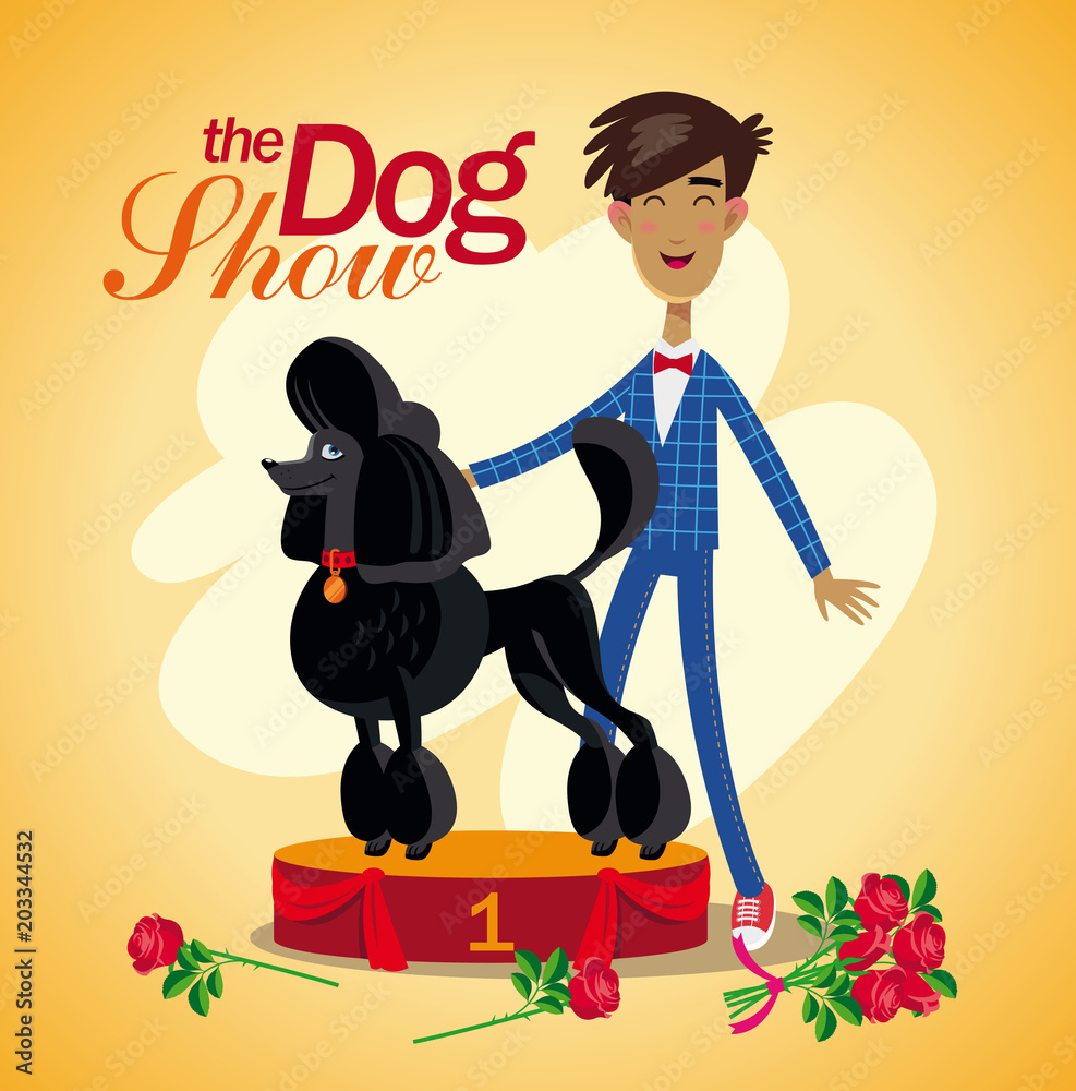 Vetor de Dog show winner. Black poodle stand in a podium with his happy ...