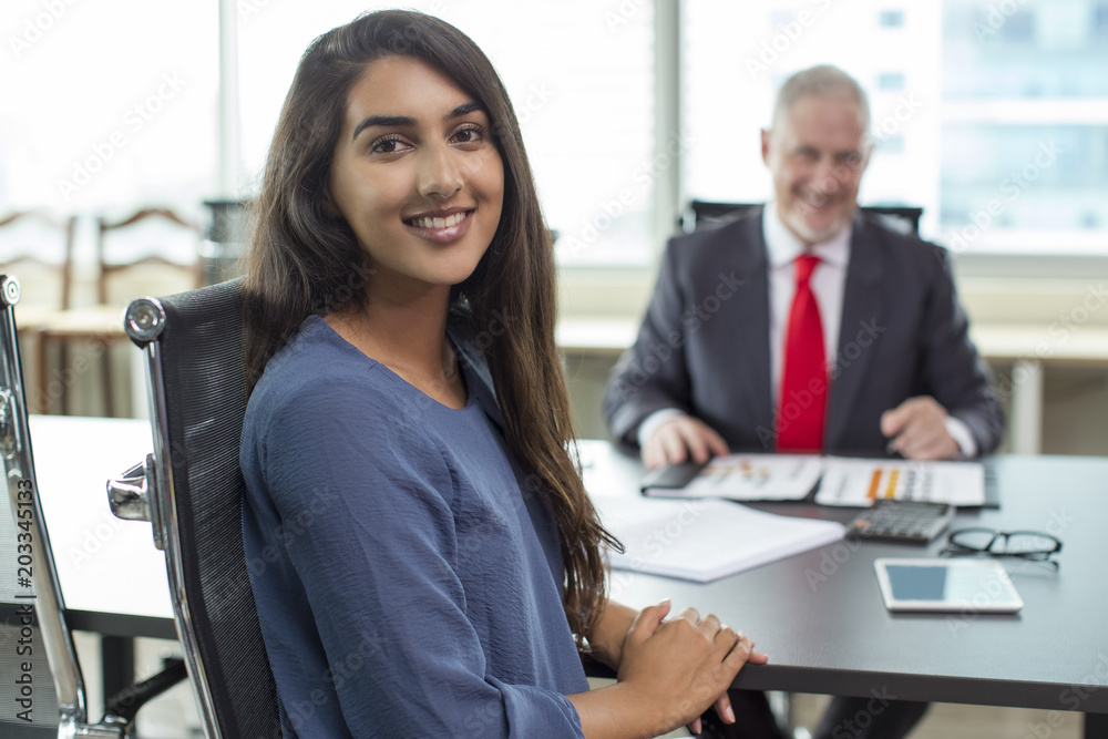 Happy female candidate after successful job interview. Young Indian ...