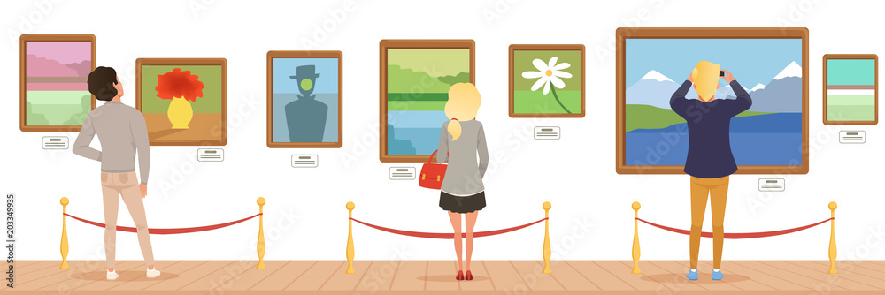 Museum visitors looking at paintings hanging on gallery wall, people ...