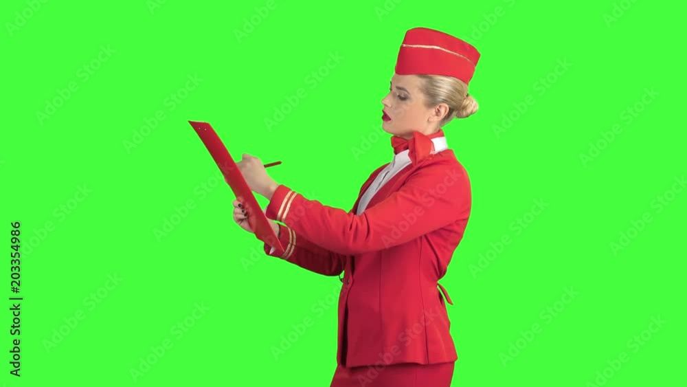 Girl writes a pen in a special folder, she is a flight attendant. Green ...