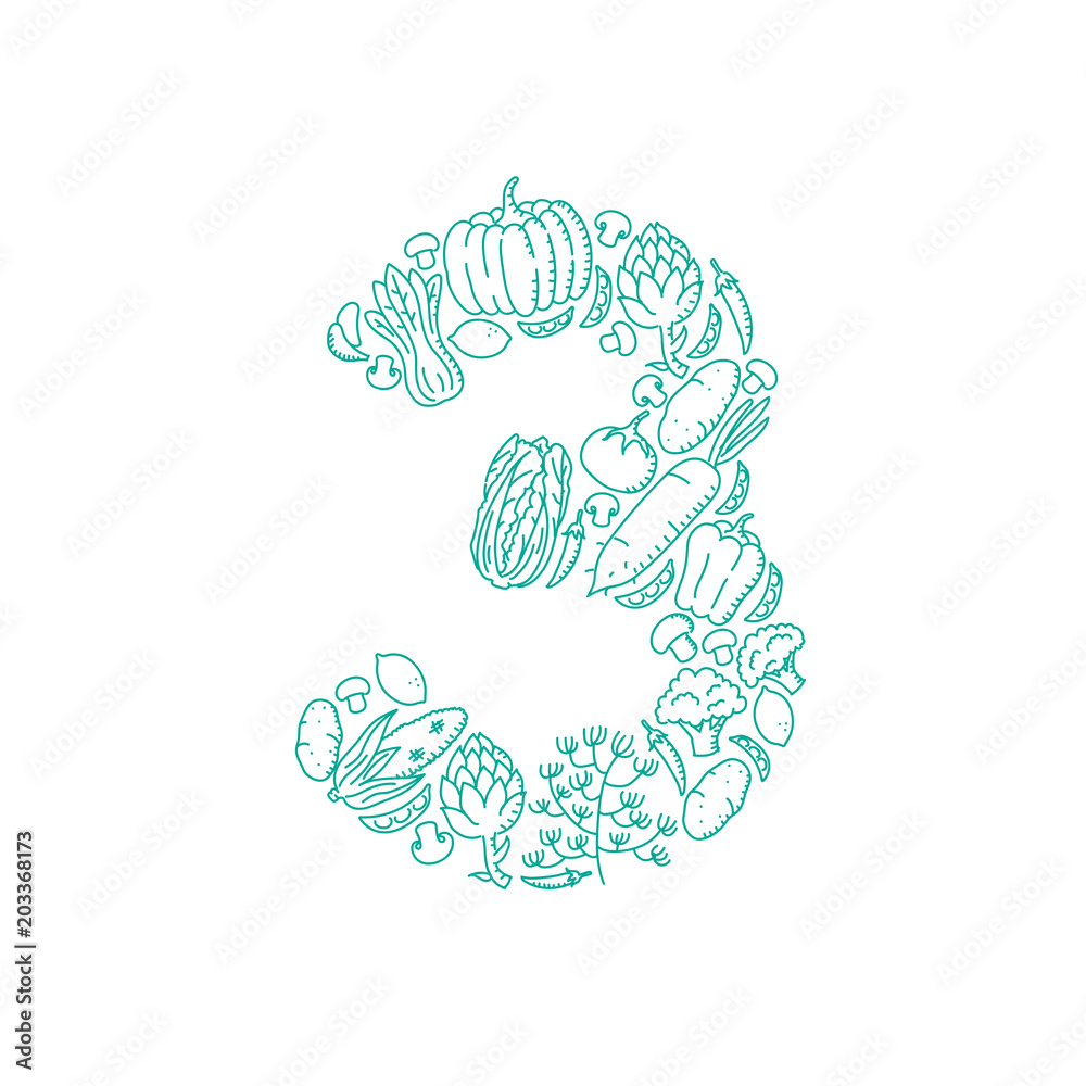 The letter number three or 3, in alphabet Vegetable pattern set ...