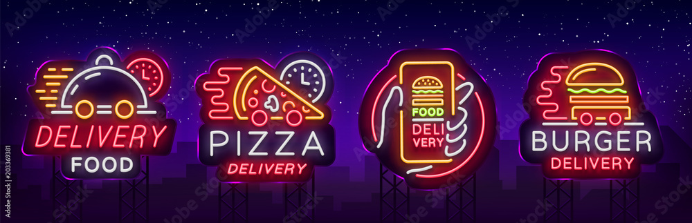 Food delivery set neon signs. Logotype collection neon, light banner ...