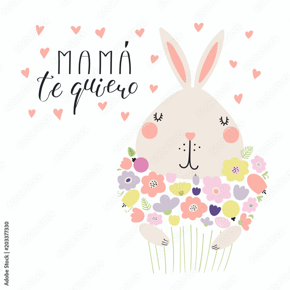 Hand drawn vector illustration of a cute bunny with a bunch of flowers ...