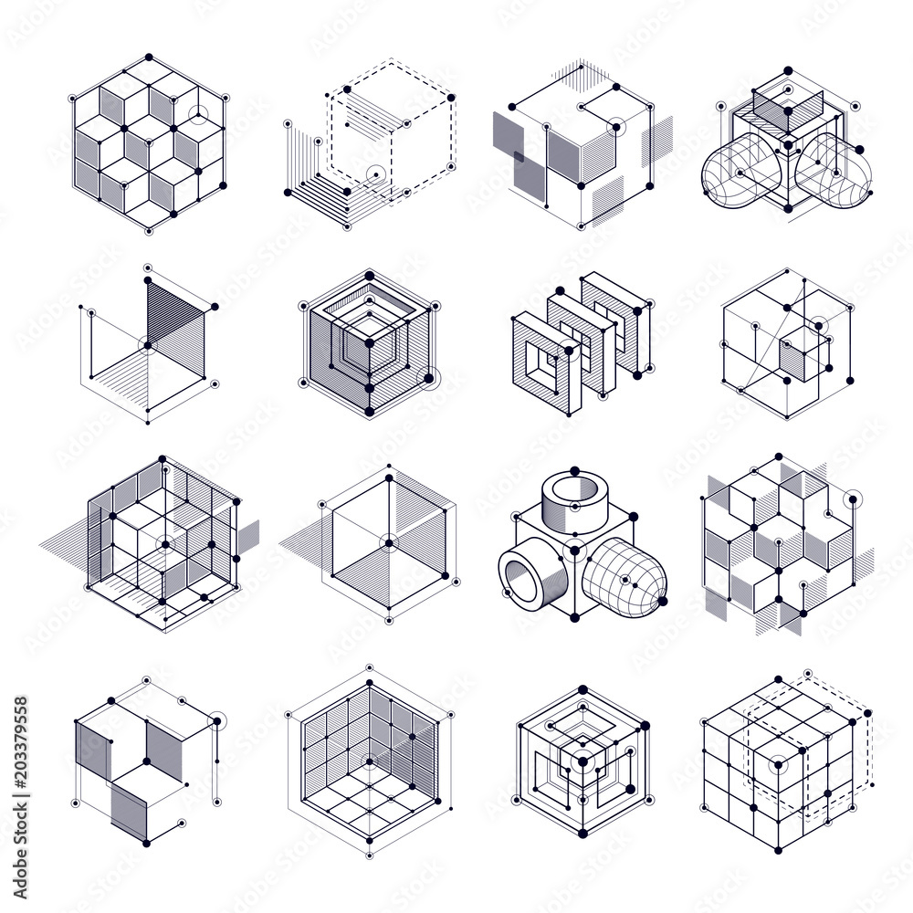 Geometric technology vector black and white drawings set, 3D technical ...