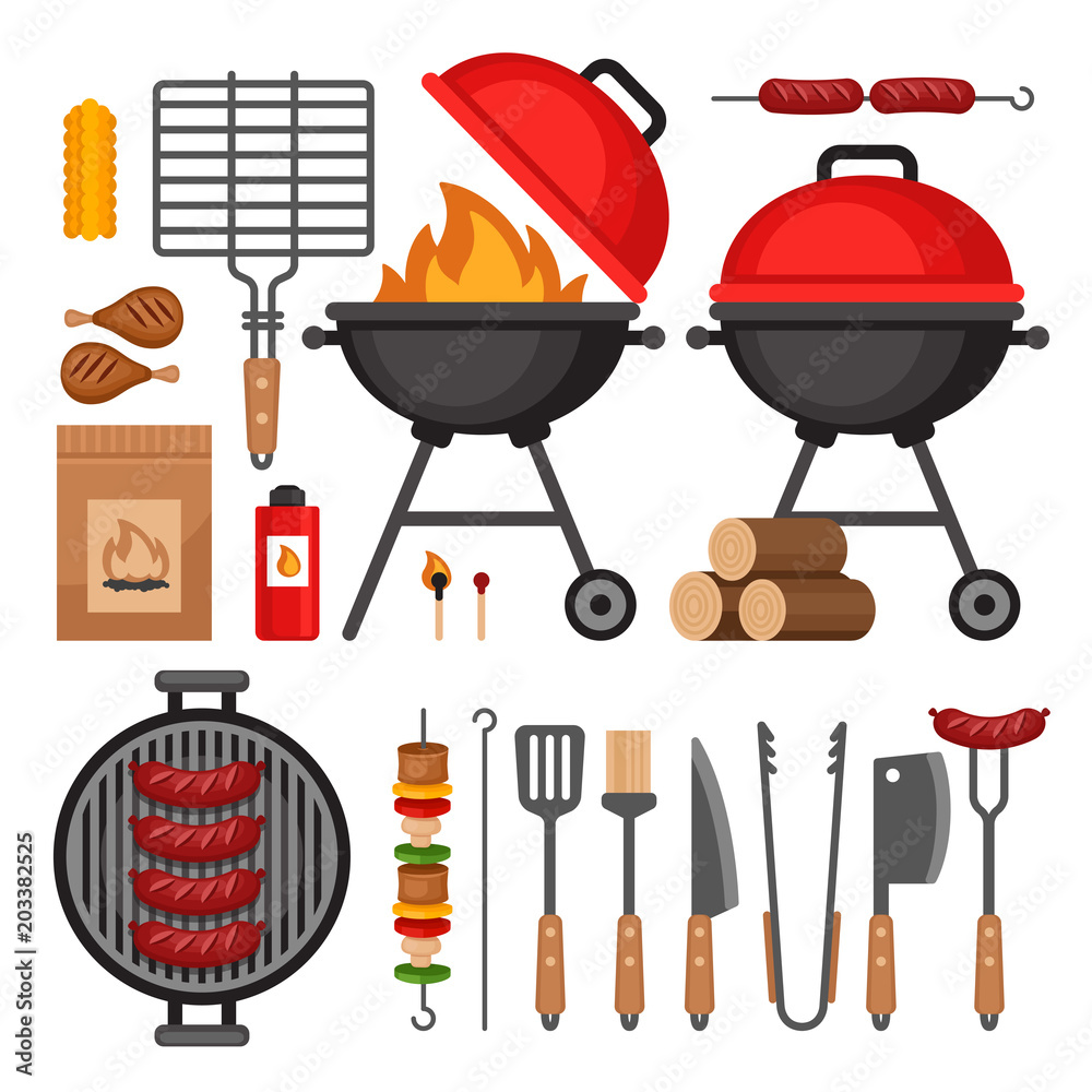 Bbq tools set. Barbecue grill isolated elements. Flat style, vector ...