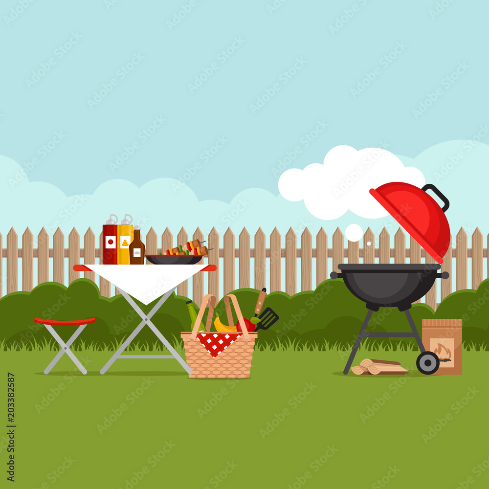 Bbq party background with grill. Barbecue poster. Flat style, vector ...