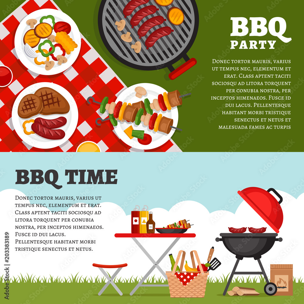 Bbq party background with grill. Barbecue poster. Flat style, vector ...