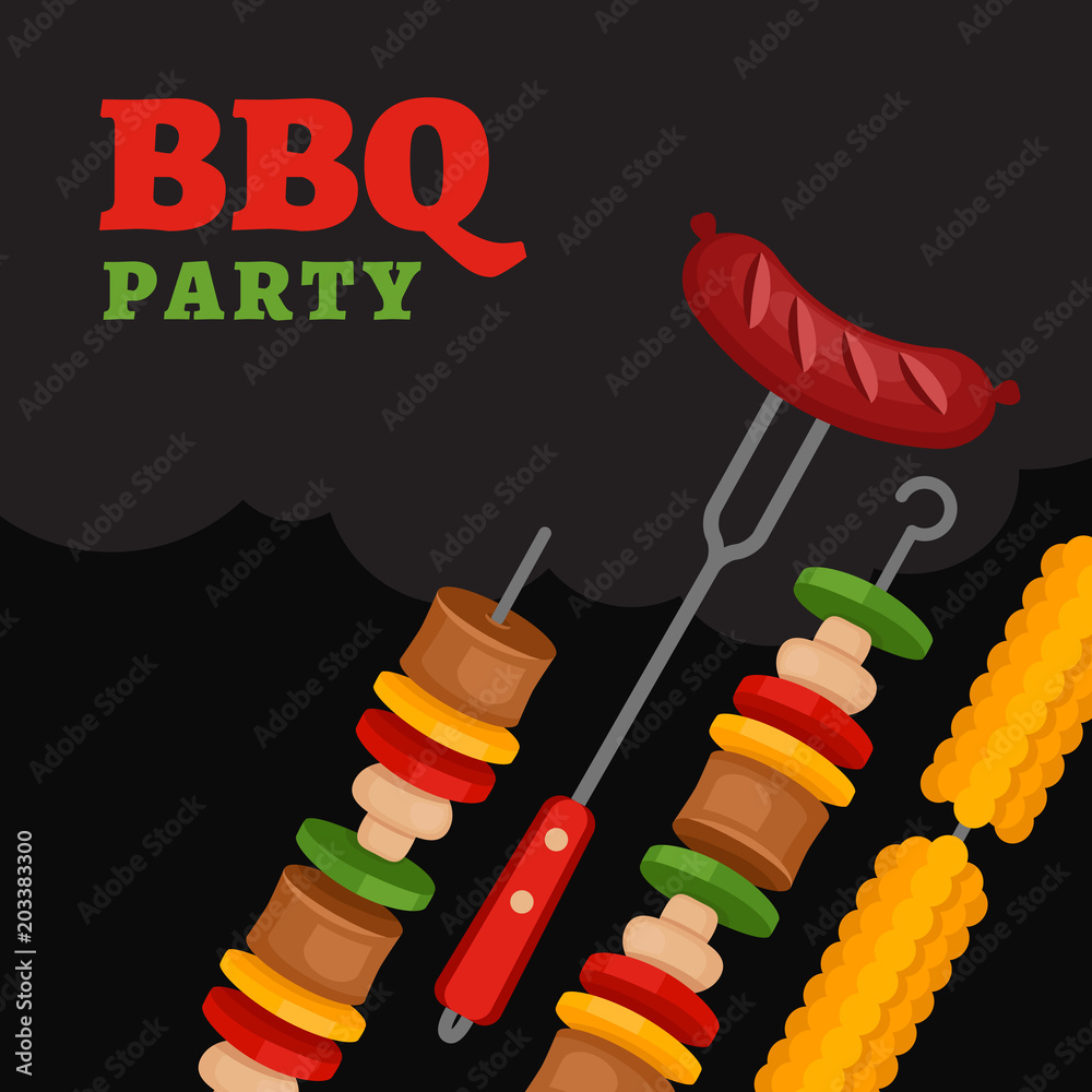 Bbq party background with grill food. Barbecue poster. Flat style ...