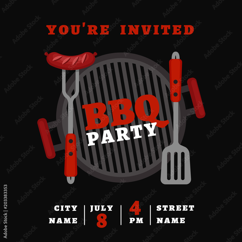 Bbq party background with grill. Barbecue poster. Flat style, vector ...