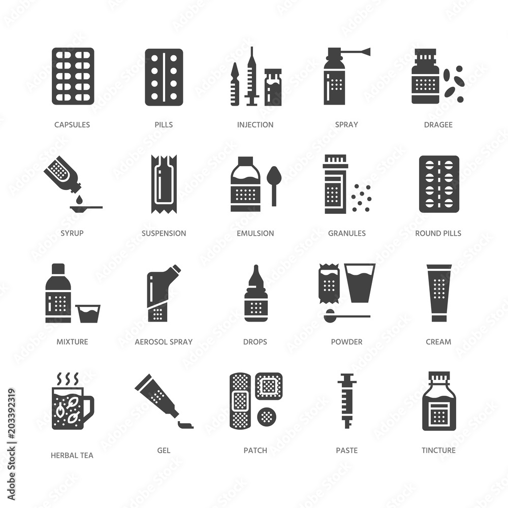 Medicines, dosage forms glyph icons. Pharmacy, tablet, capsules, pills ...
