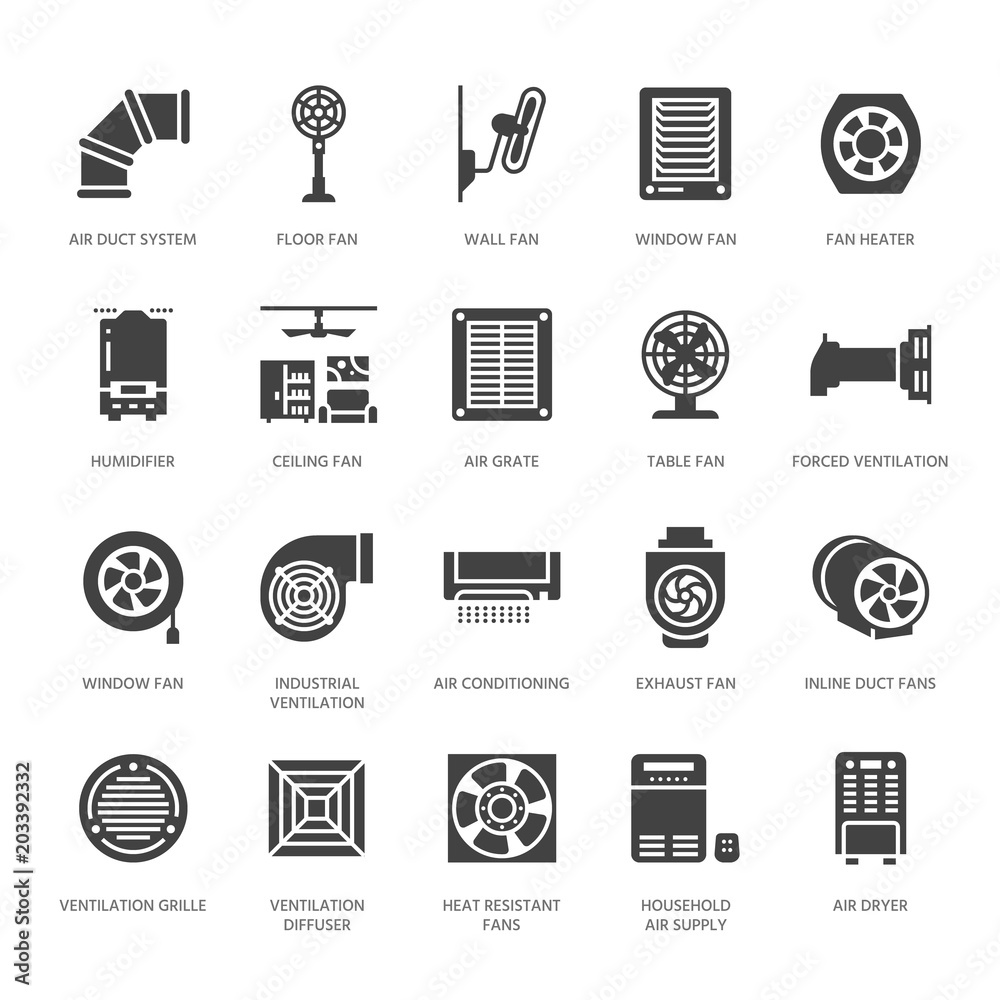Ventilation equipment glyph icons. Air conditioning, cooling appliances ...