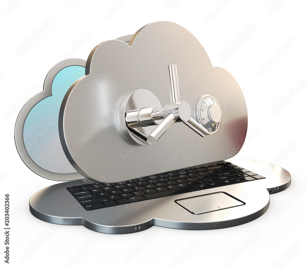 online banking security concept, computer shaped as a cloud locked by ...