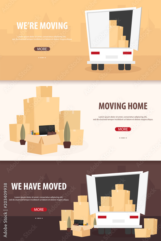 Moving Home, We are moved. Moving Truck with Boxes. Vector cartoon ...