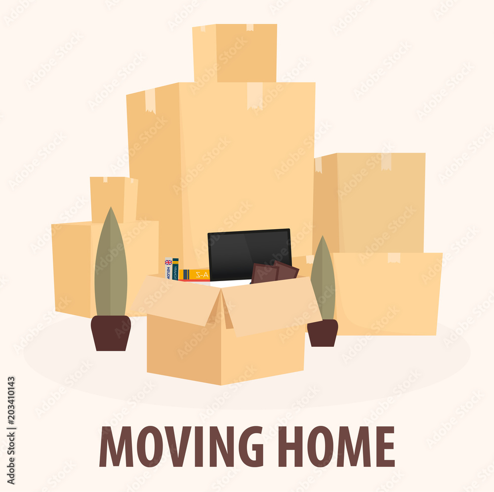 Moving Home, We are moved. Moving Truck with Boxes. Vector cartoon ...