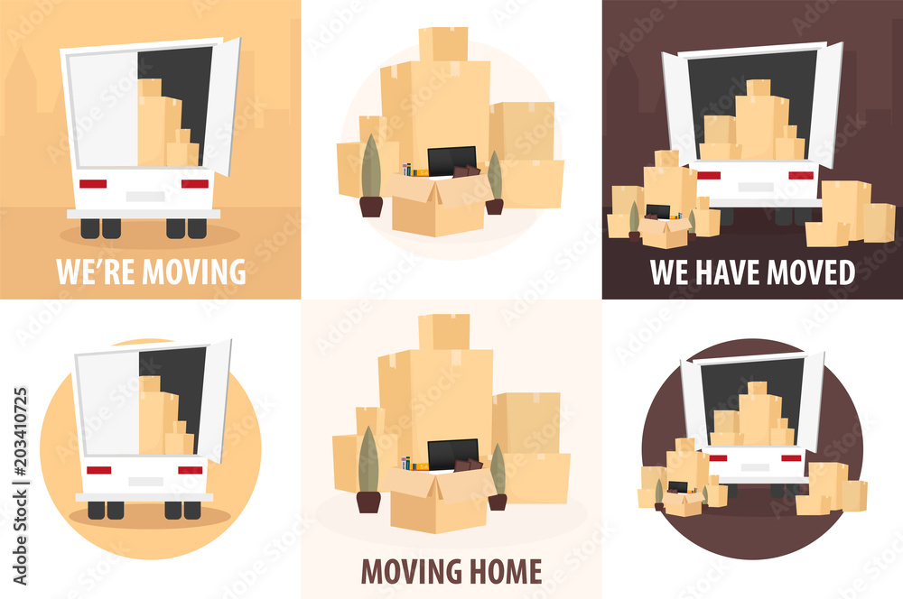 Moving Home, We are moved. Moving Truck with Boxes. Vector cartoon ...
