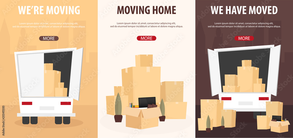 Set of Moving Home banners. Moving Truck with Boxes. Vector cartoon ...