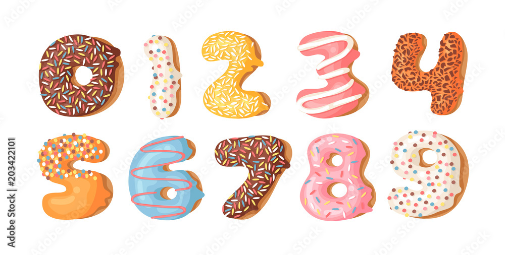 Cartoon vector illustration donut. Hand drawn set of numbers with sweet ...
