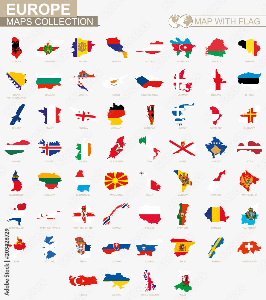 Map with flag European countries collection. Stock Vector | Adobe Stock