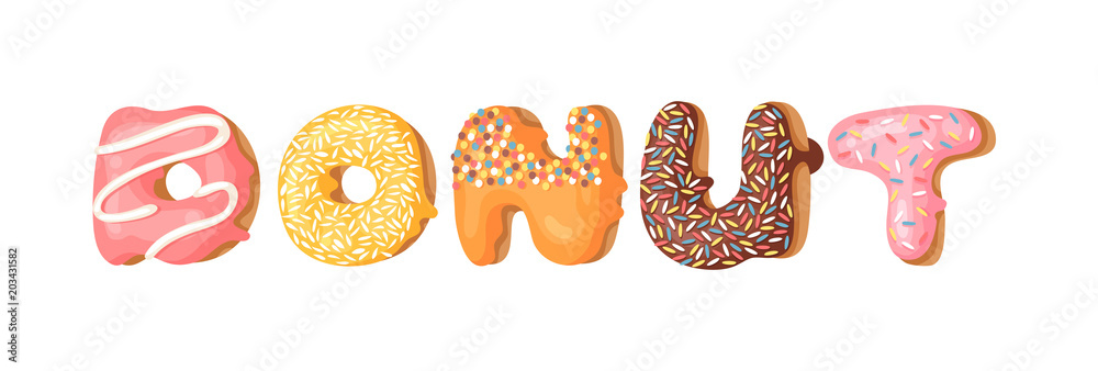 Cartoon vector illustration with word donut. Hand drawn drawing sweet ...